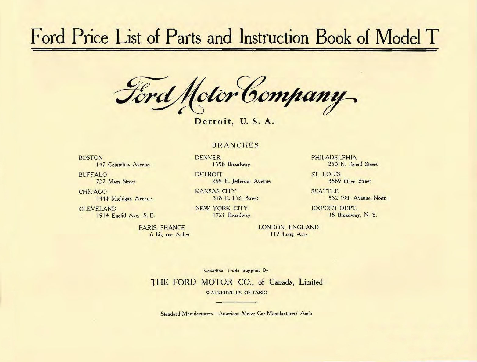 1909 Ford Model T Price List